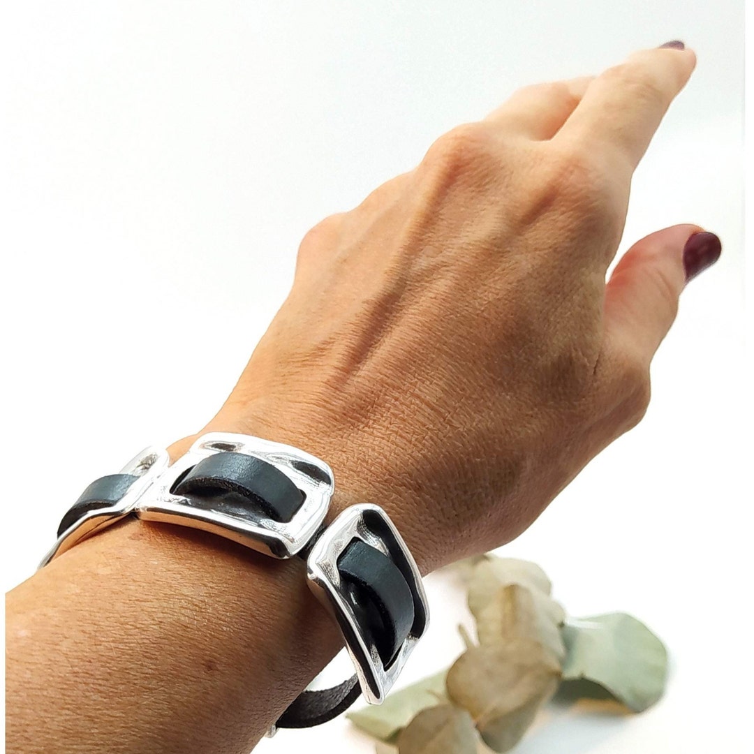 Buy Large Silver Bracelet Bracelet in Silver and Leather Leather Online in India - Etsy