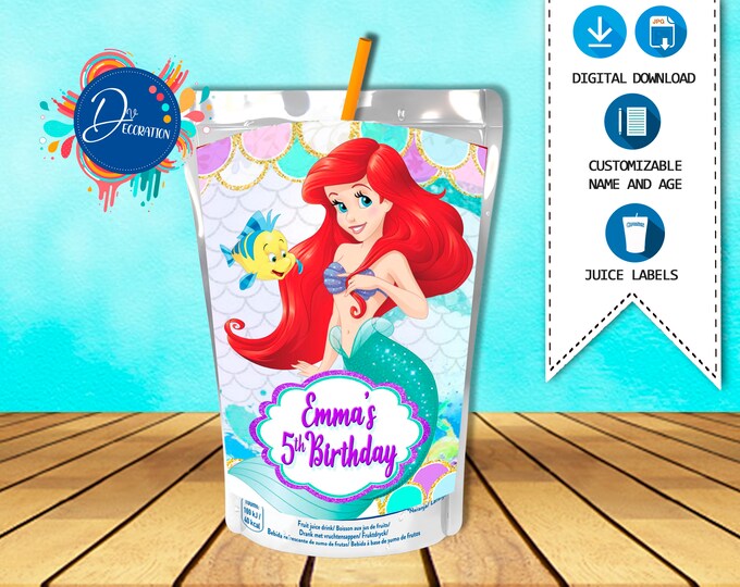 The Little Mermaid Birthday Party juice Label DIGITAL DOWNLOAD Princess ...