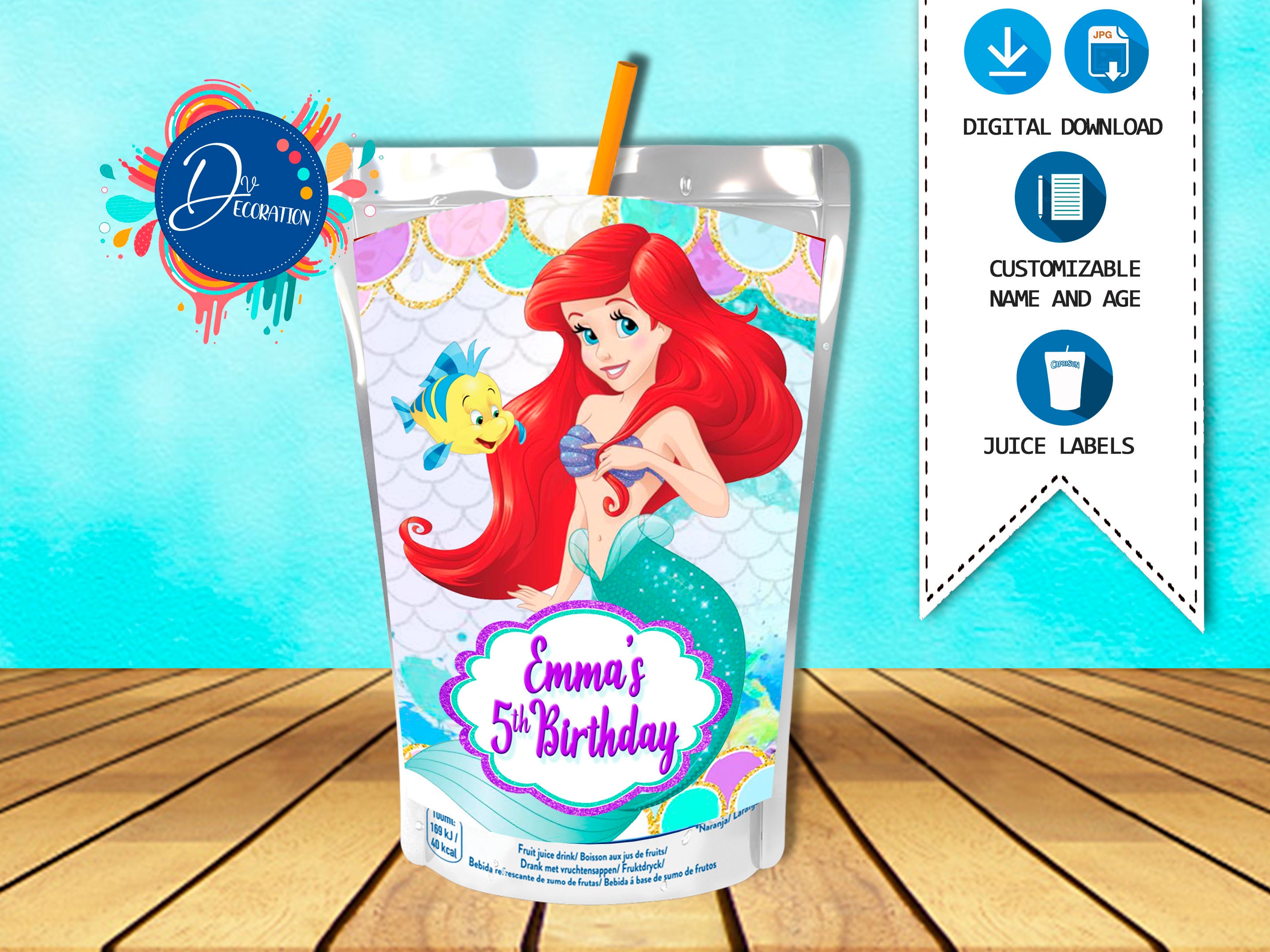 Ariel the Little Mermaid Juice Label Labels for Birthday | Etsy
