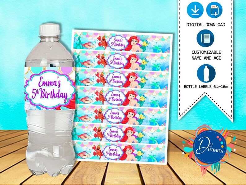 Ariel Pack 5 Labels for Birthday printable DIGITAL DOWNLOAD - Etsy
