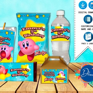 Kirby Pack 5 Labels for Birthday -printable DIGITAL DOWNLOAD Chip Bag ...