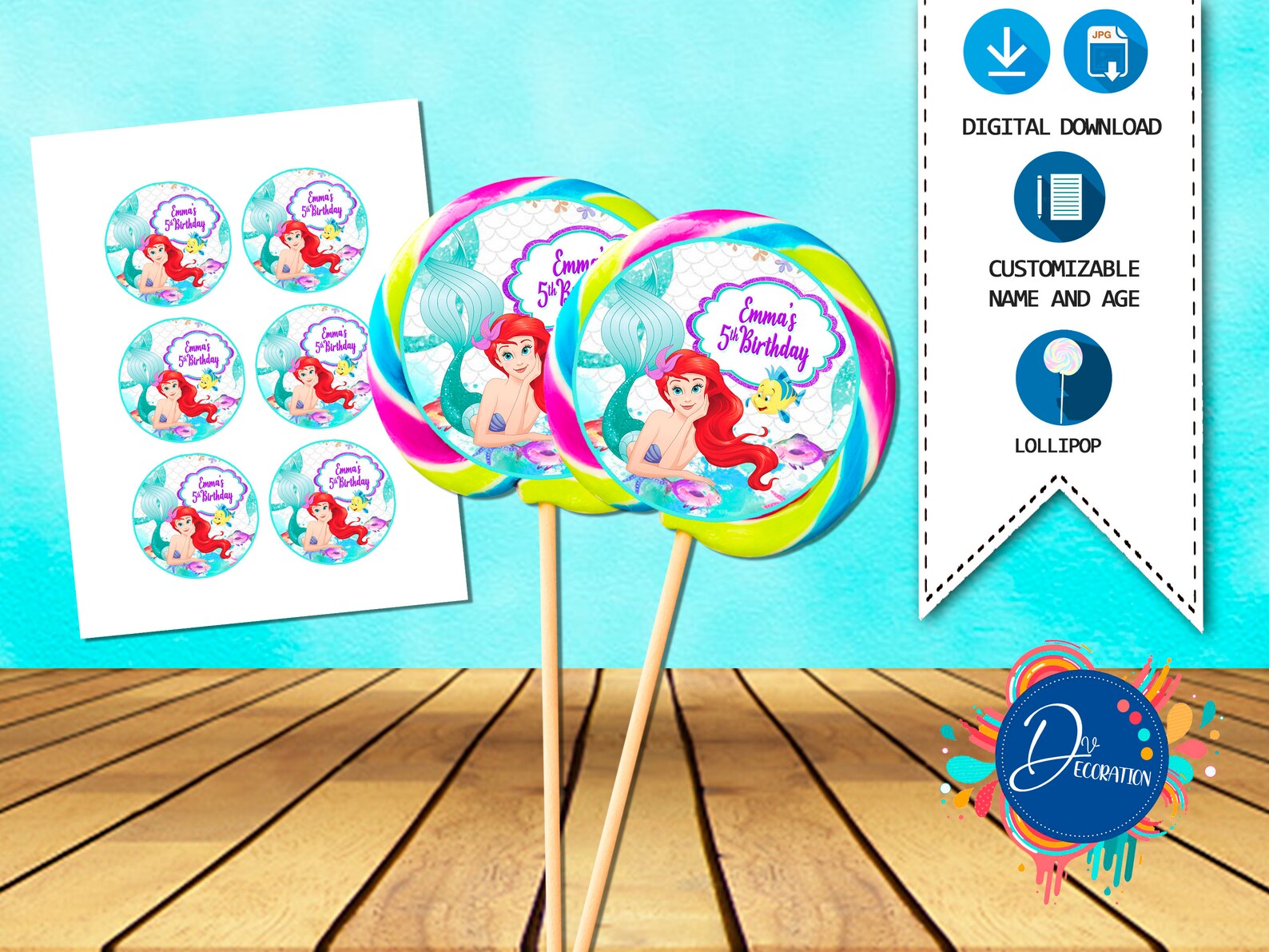 Ariel Lollipop Labels for Birthday Party-printable DIGITAL - Etsy