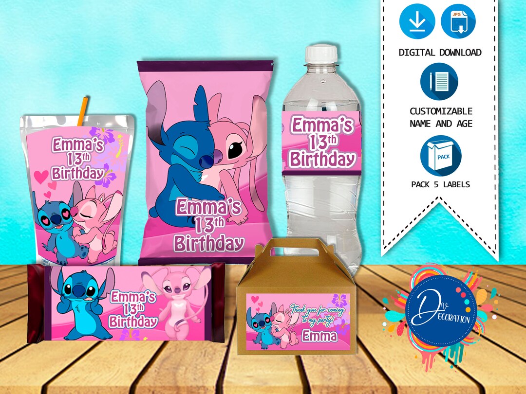 Stitch Pink Pack 5 Labels for Birthday -printable DIGITAL DOWNLOAD Chip ...