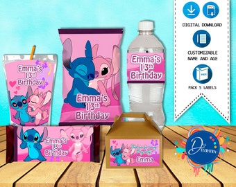 Stitch and Angel Birthday Party juice Label DIGITAL - Etsy
