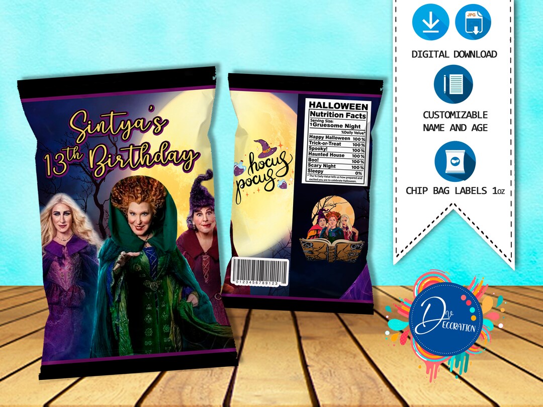 Hocus Pocus Halloween Chip Bags, Labels for Birthday Party - Printable ...
