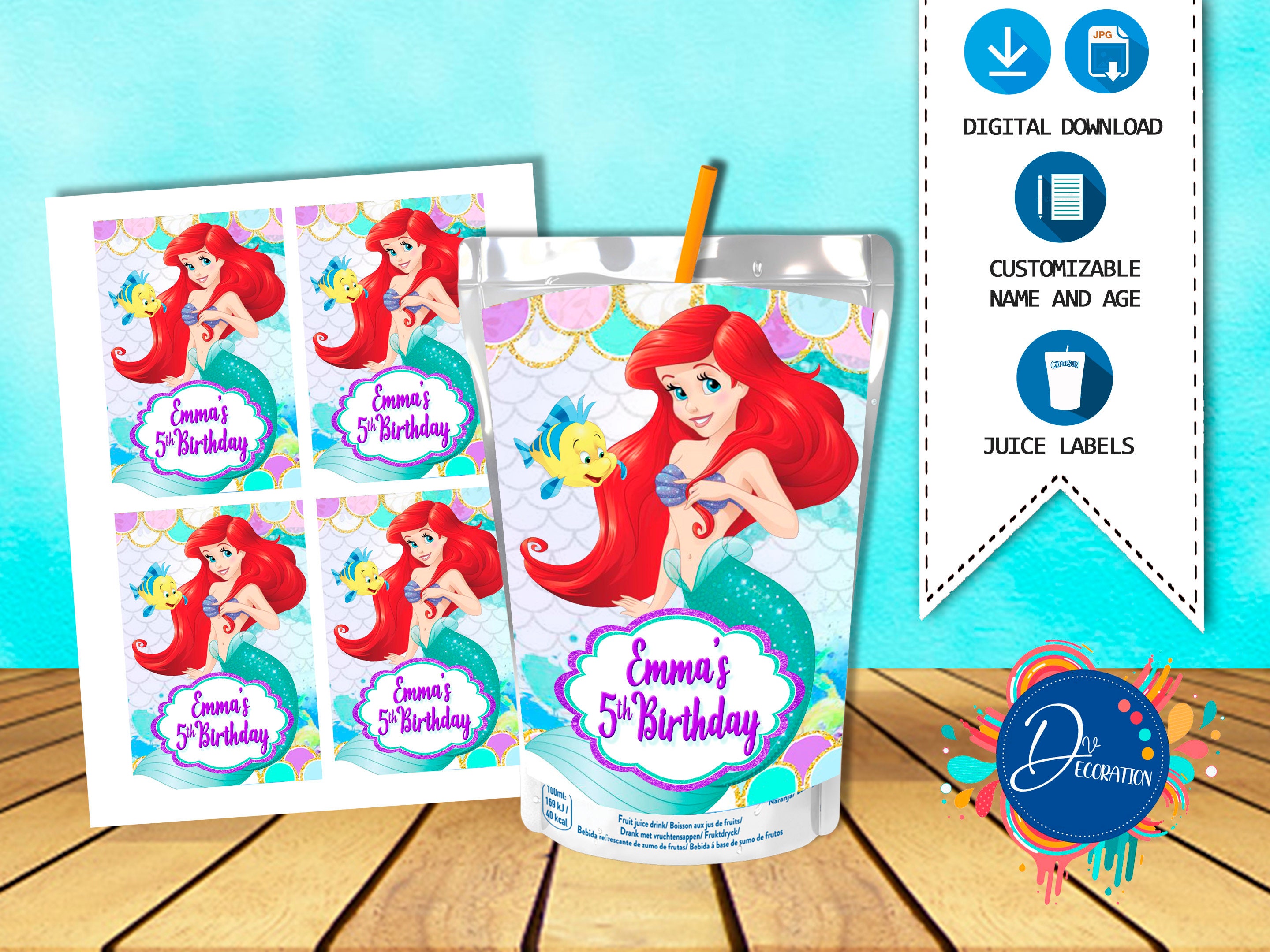 Ariel Pack 5 Labels for Birthday printable DIGITAL DOWNLOAD - Etsy
