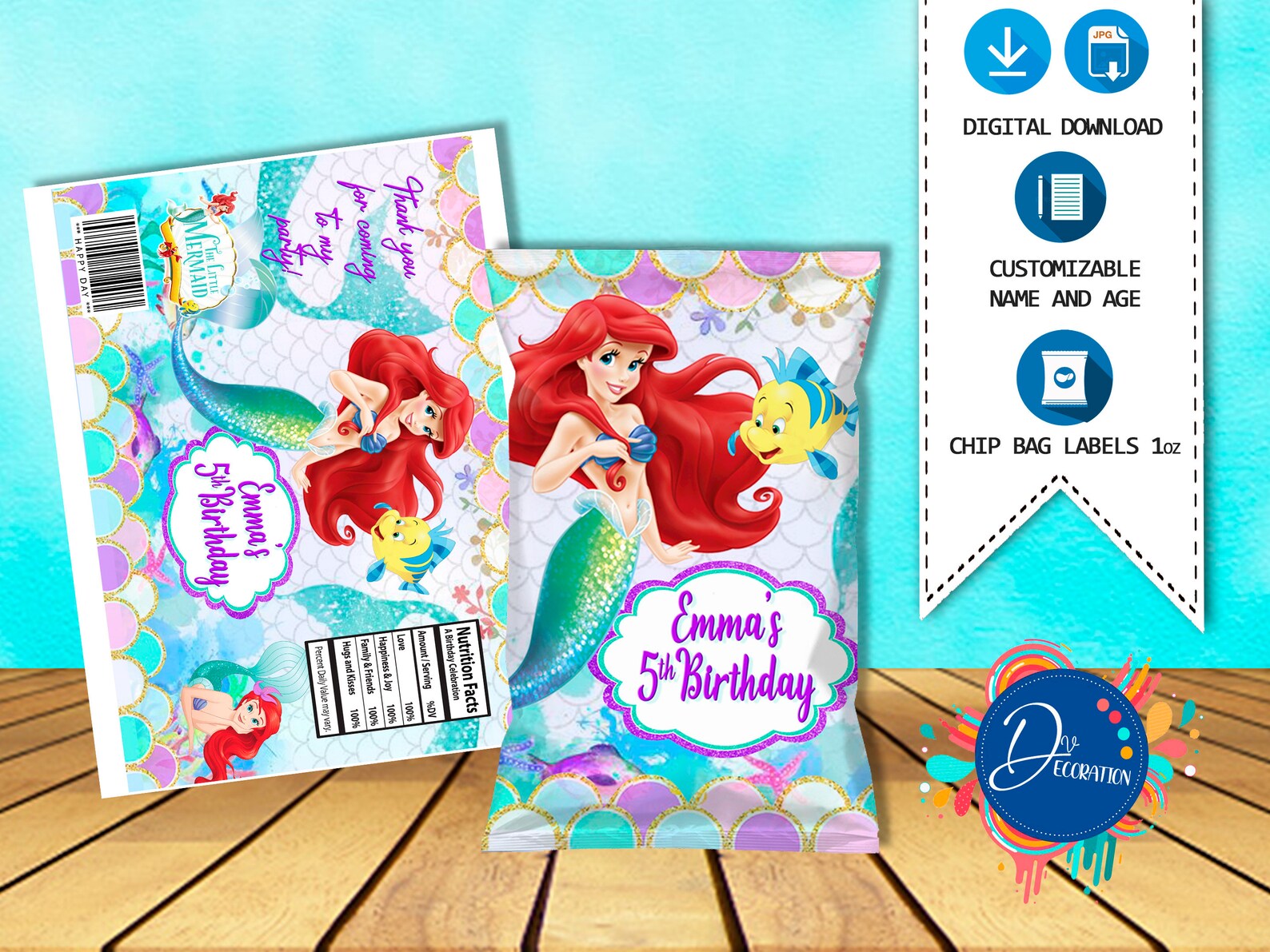 Ariel Pack 5 Labels for Birthday printable DIGITAL DOWNLOAD - Etsy