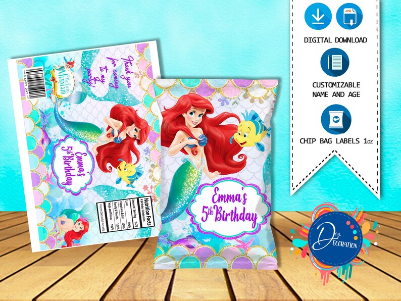 Ariel Pack 5 Labels for Birthday printable DIGITAL DOWNLOAD - Etsy