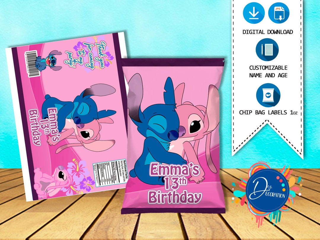 Stitch Pink Chip Bags, Labels for Birthday Party - Printable DIGITAL ...