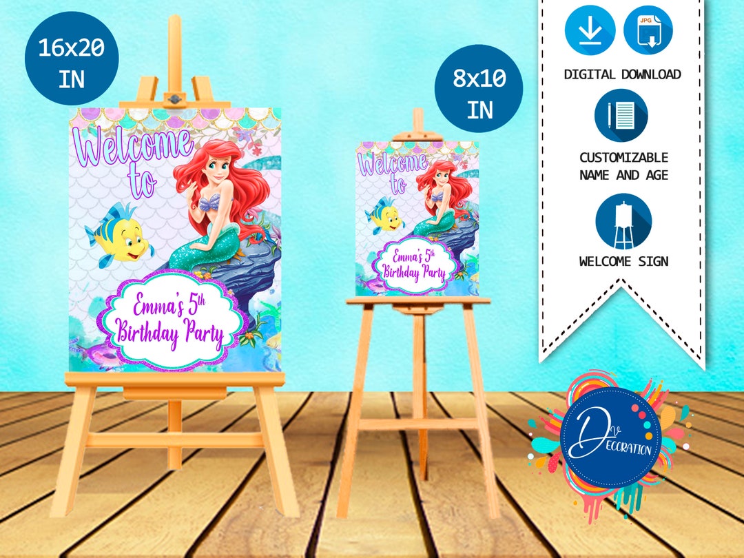 Ariel the Little Mermaid Welcome Sign, Labels for Birthday Party ...