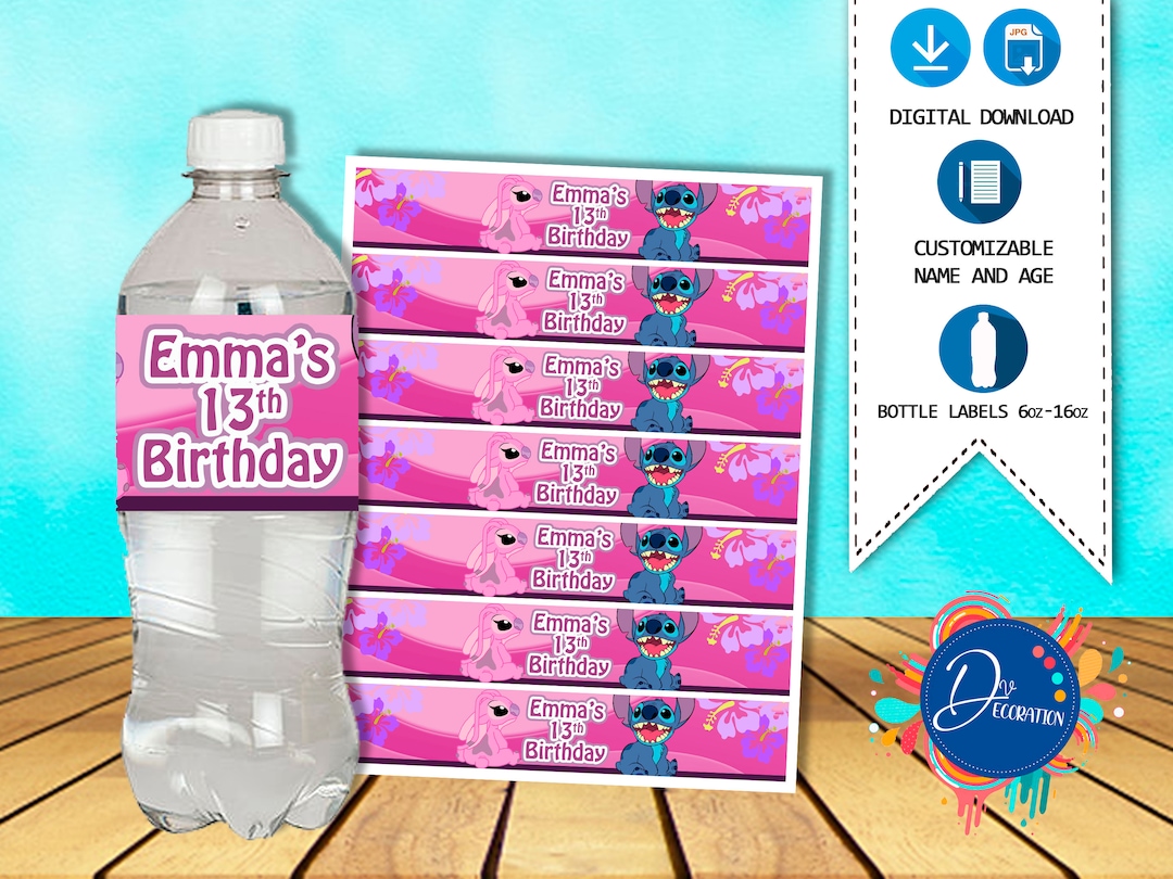Stitch Pink Bottle Label, Labels for Birthday Party - Printable DIGITAL ...