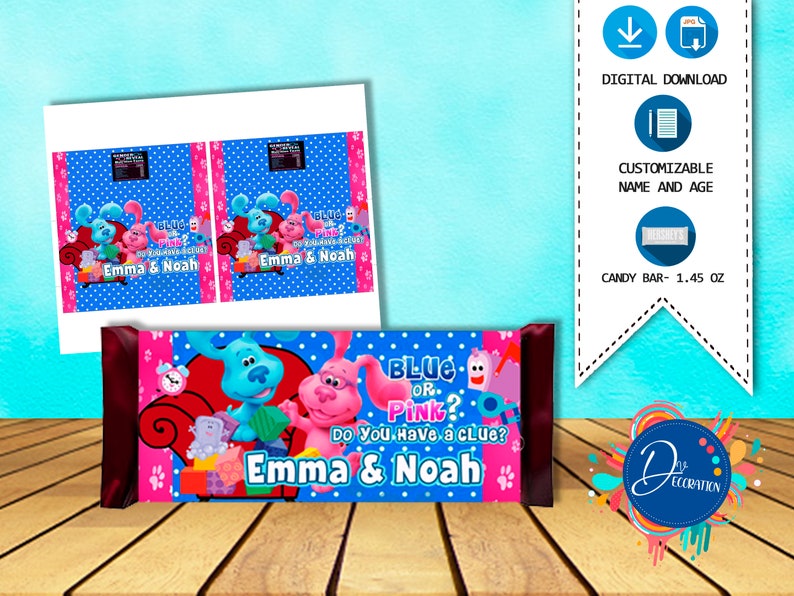 Blue's clues Gender reveal Chocolate, Labels for Baby Shower -Printable ...
