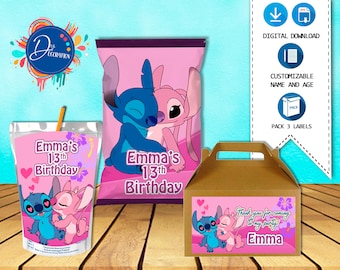 Stitch and Angel Birthday Party juice Label DIGITAL - Etsy