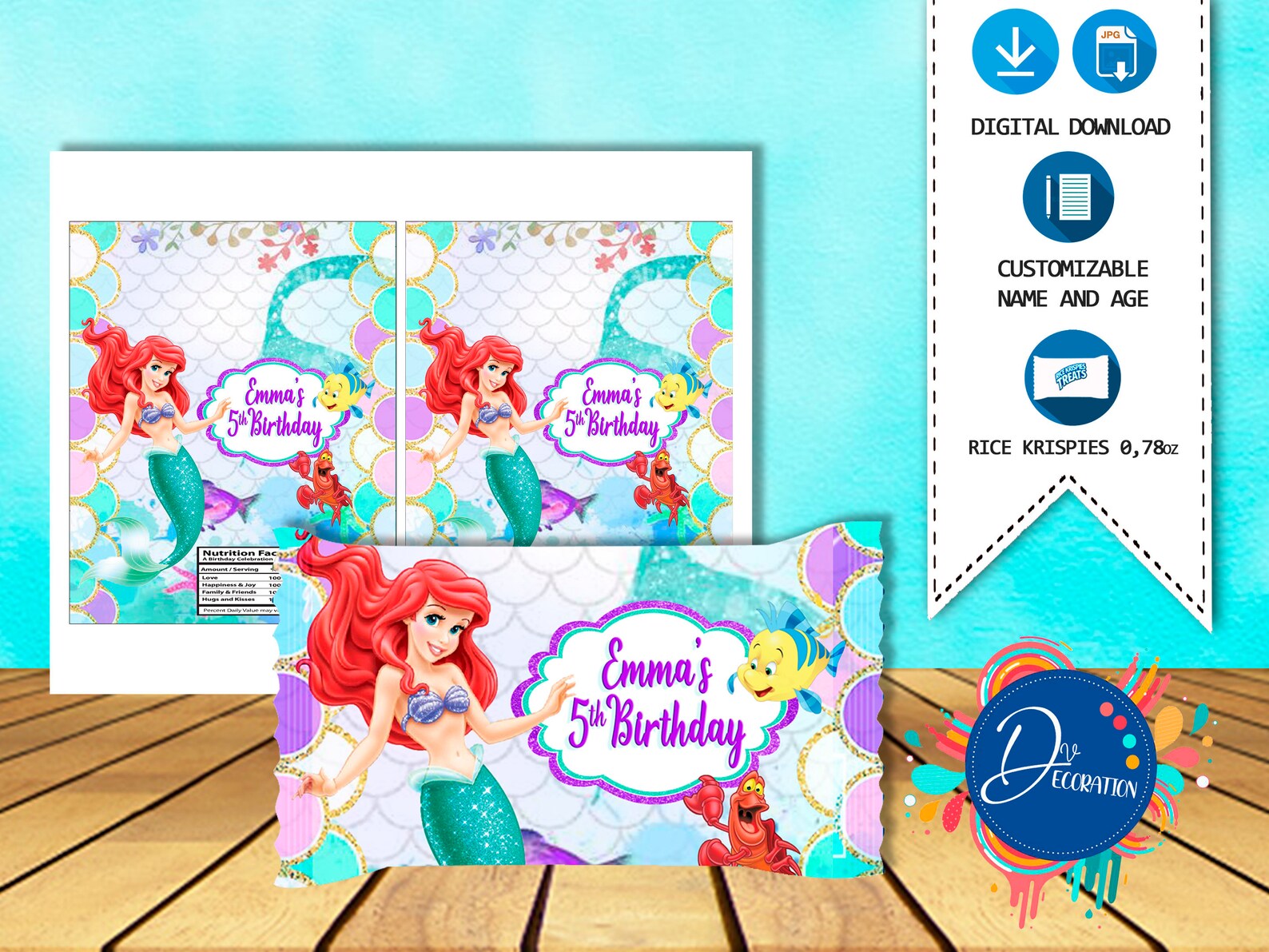 Ariel Pack 5 Labels for Birthday printable DIGITAL DOWNLOAD - Etsy