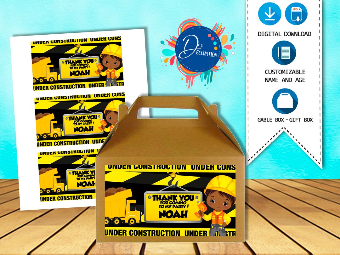 Construction Boy Box Label, Gable Box, Labels for Birthday Party ...