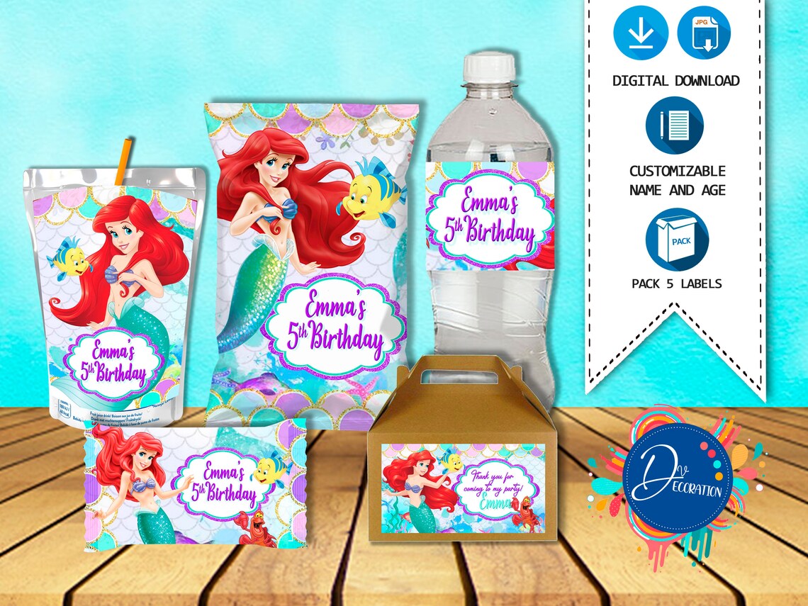 Ariel Pack 5 Labels for Birthday printable DIGITAL DOWNLOAD - Etsy
