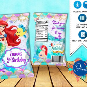 Ariel Pack 5 Labels for Birthday -printable DIGITAL DOWNLOAD Chip Bag ...