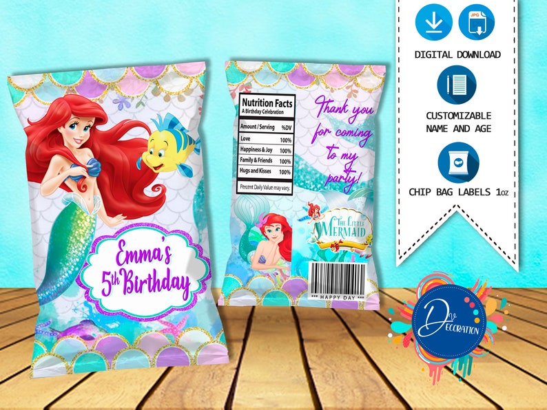 Ariel the Little Mermaid Chip Bags Labels for Birthday Party - Etsy