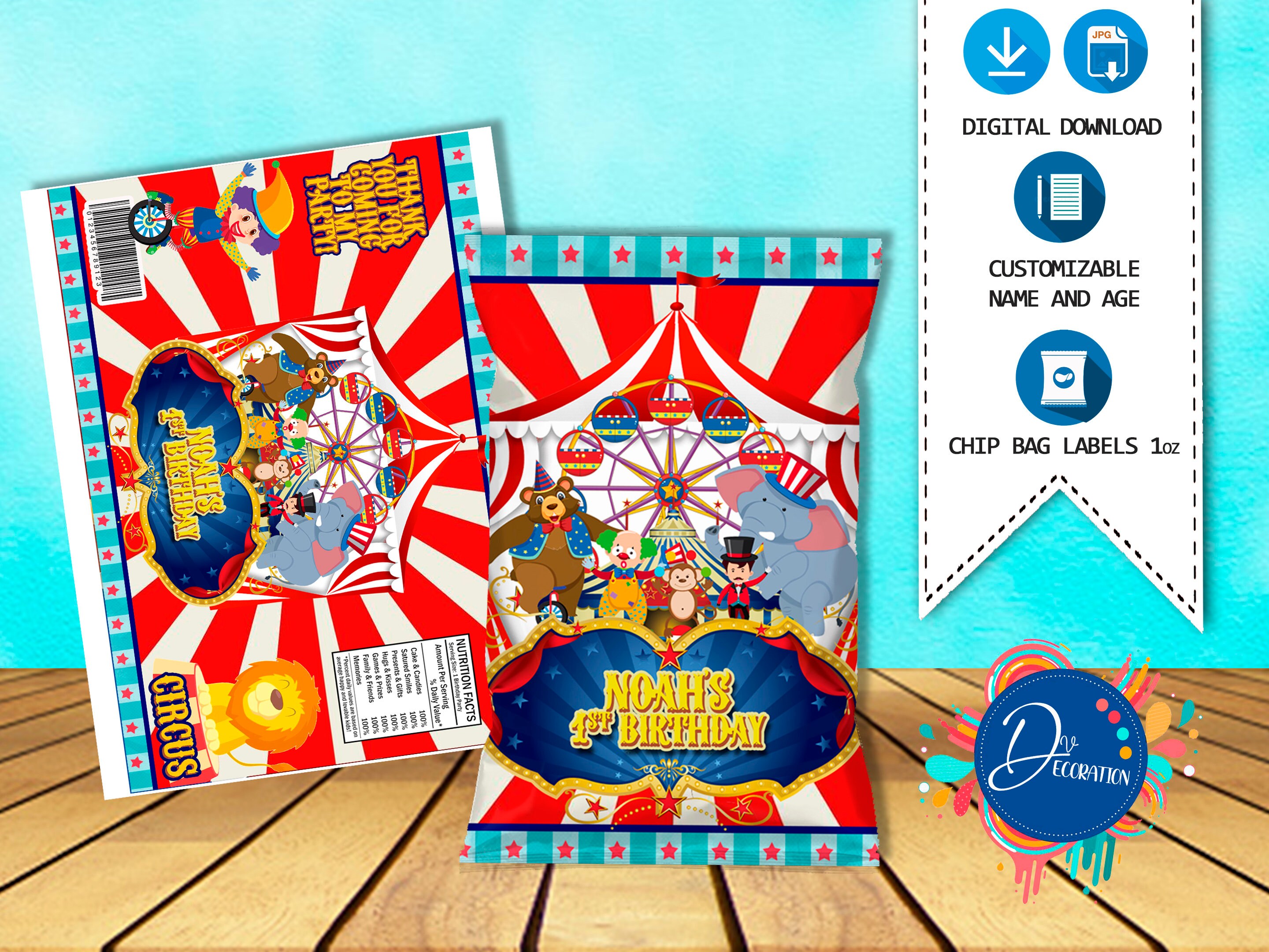 Circus Chip Bags Labels for Birthday Party printable DIGITAL - Etsy