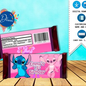 Stitch Pink Chocolate, Labels for Birthday Party-printable DIGITAL ...