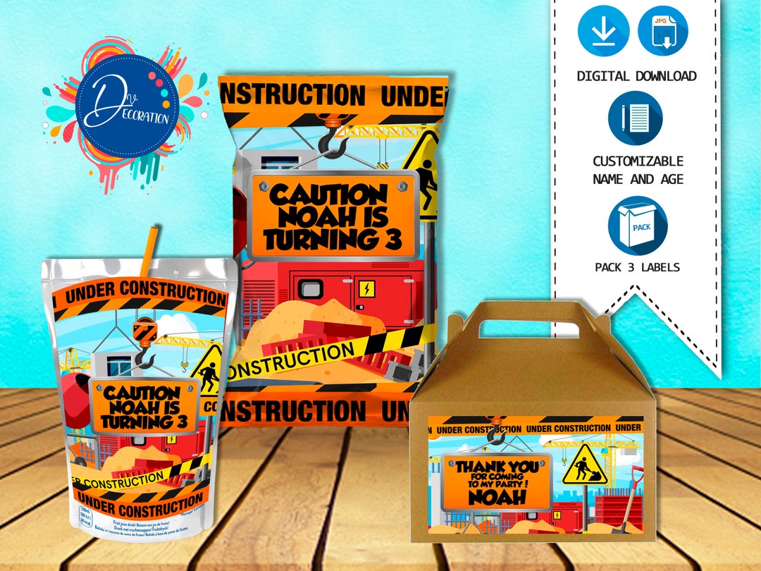 Construction Pack 3 Labels for Birthday Party - Printable DIGITAL ...