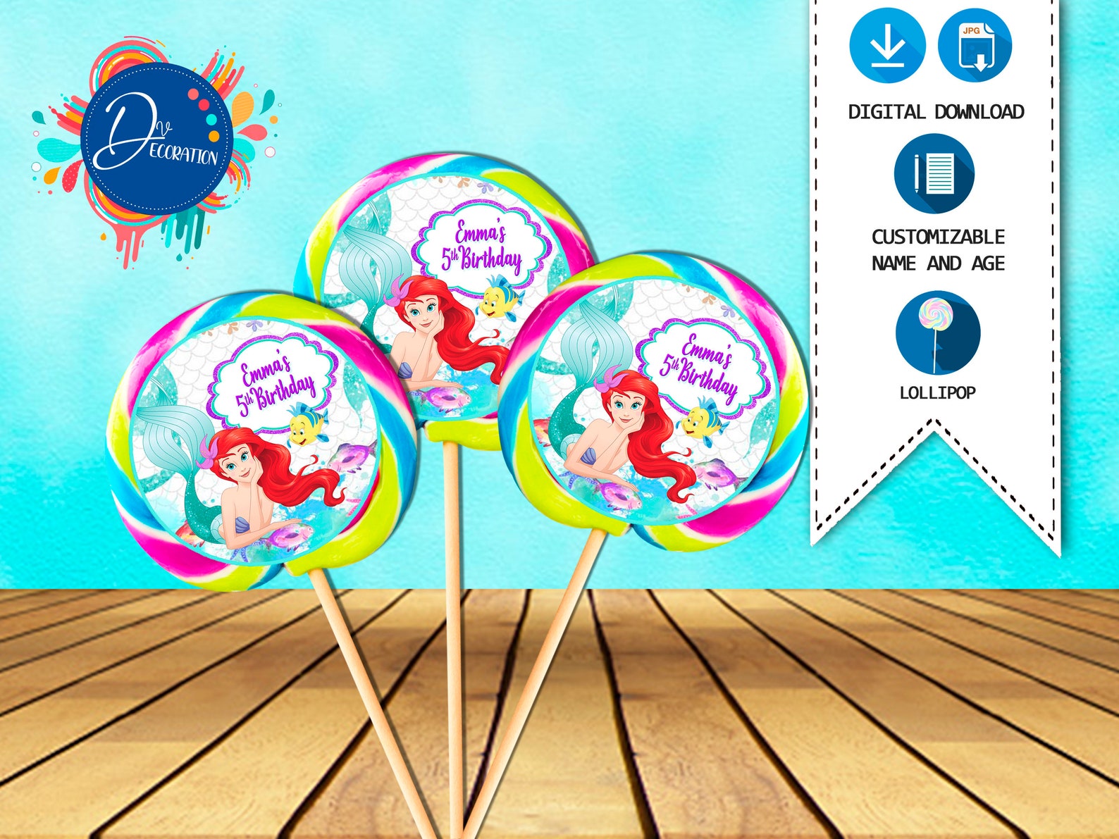 Ariel Lollipop Labels for Birthday Party-printable DIGITAL - Etsy