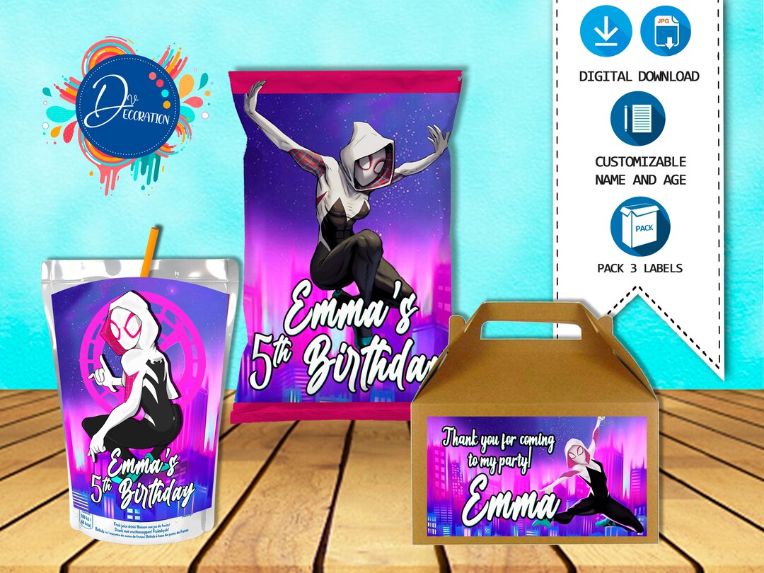 Gwen Stacy Labels For Birthday Party Pack Printable Digital Download Chip Bag Gable Box Juice