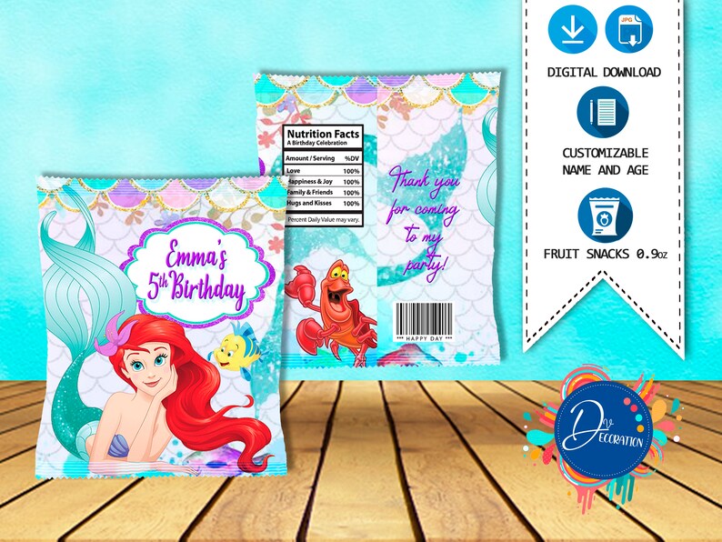 Ariel the Little Mermaid Fruit Snacks Labels for Birthday - Etsy