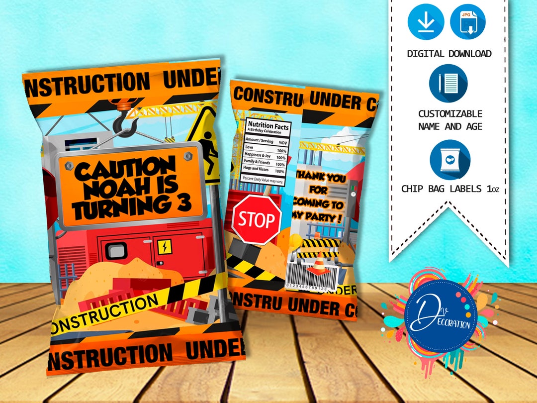 Construction Chip Bags, Labels for Birthday Party - Printable DIGITAL ...