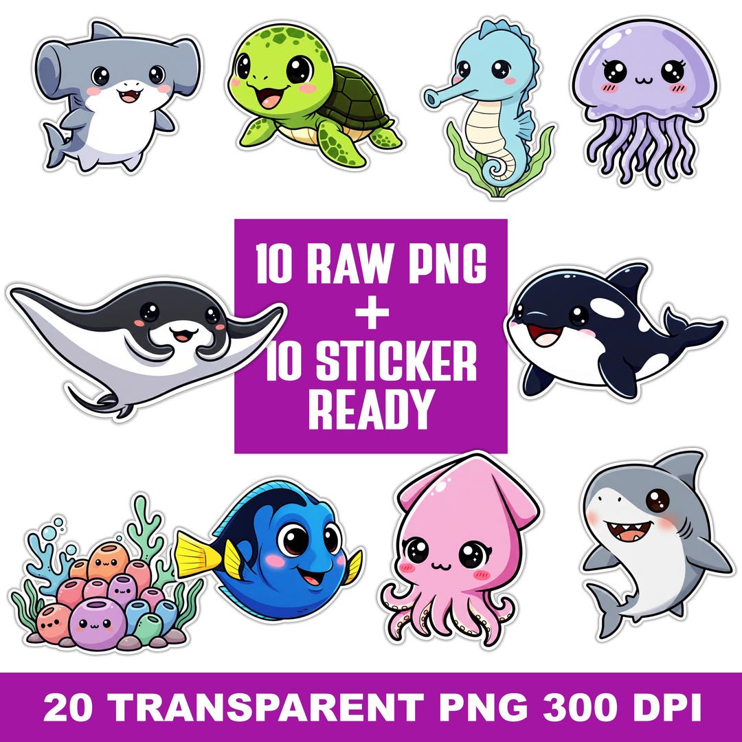 Cute Sea Life Animals Kawaii PNG Bundle | Ocean Creatures Clipart ...