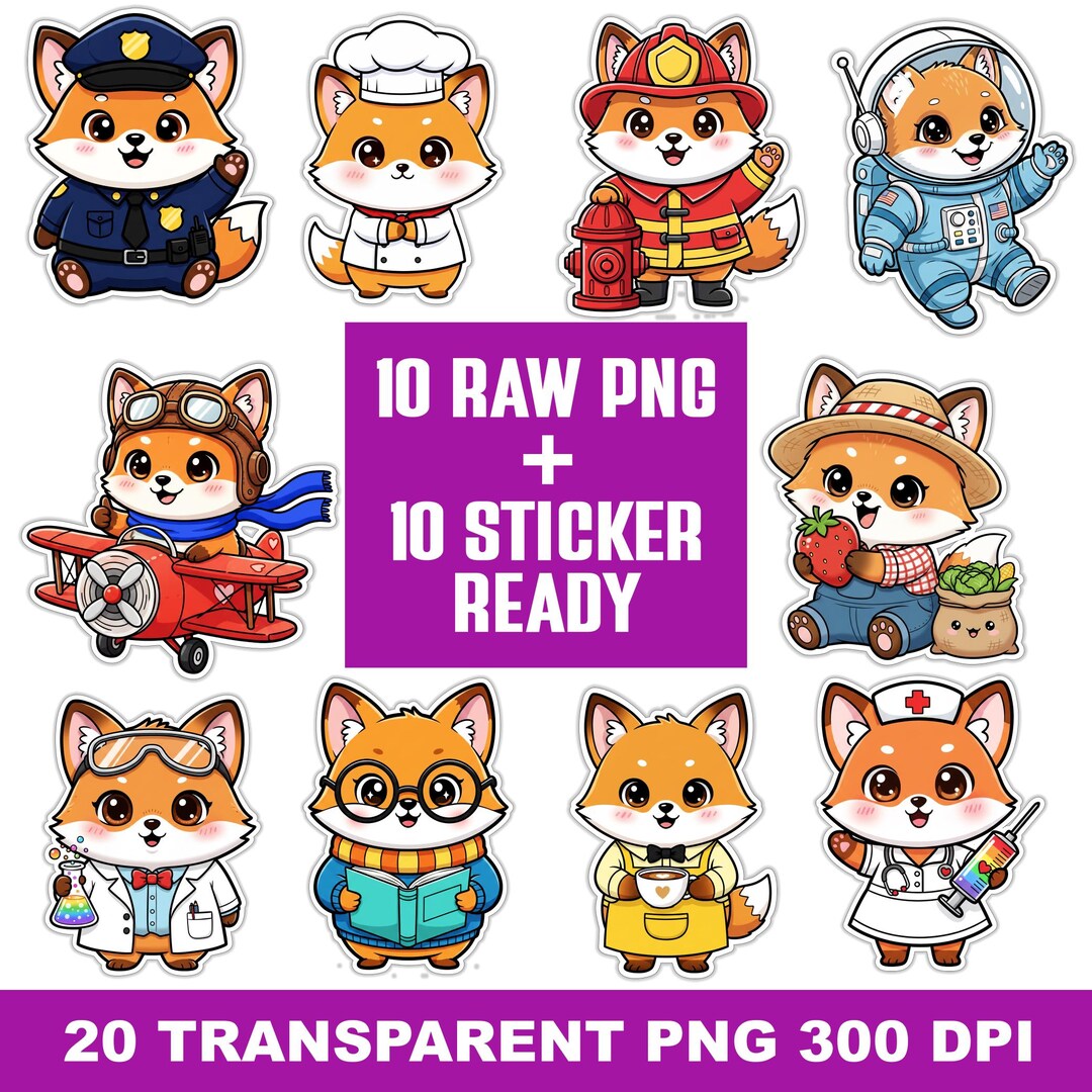 Kawaii FOX Professions PNG Bundle | Cute Career FOX Clipart | Teacher ...
