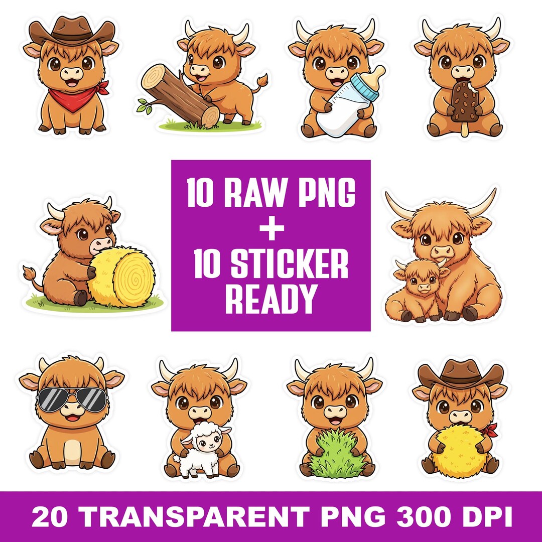 Kawaii Highland Cow PNG Bundle | Heilan Coo Clipart Set | Cow Cartoon ...