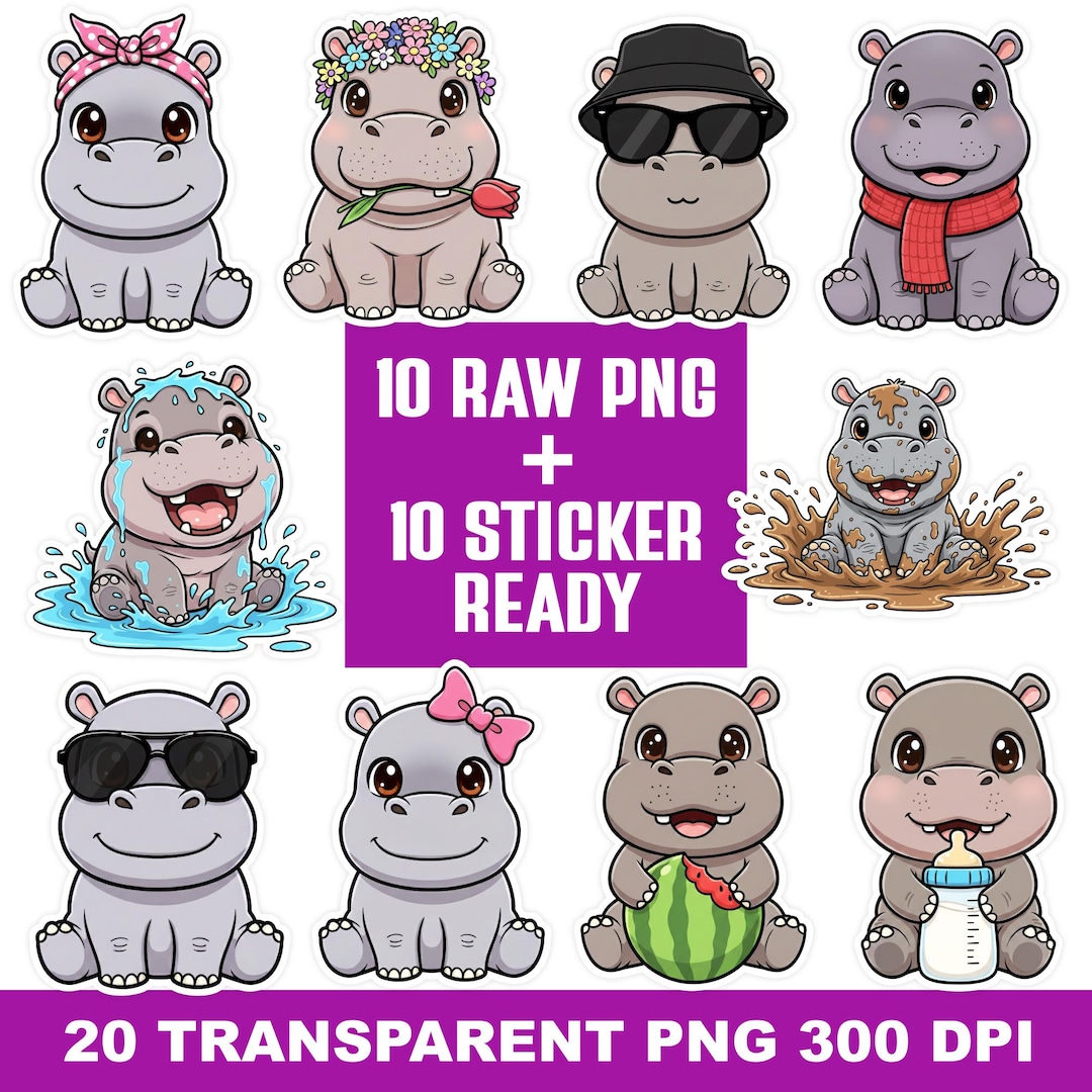Kawaii Hippo Cow PNG Bundle | Hippopotamus Clipart Set | Cartoon ...
