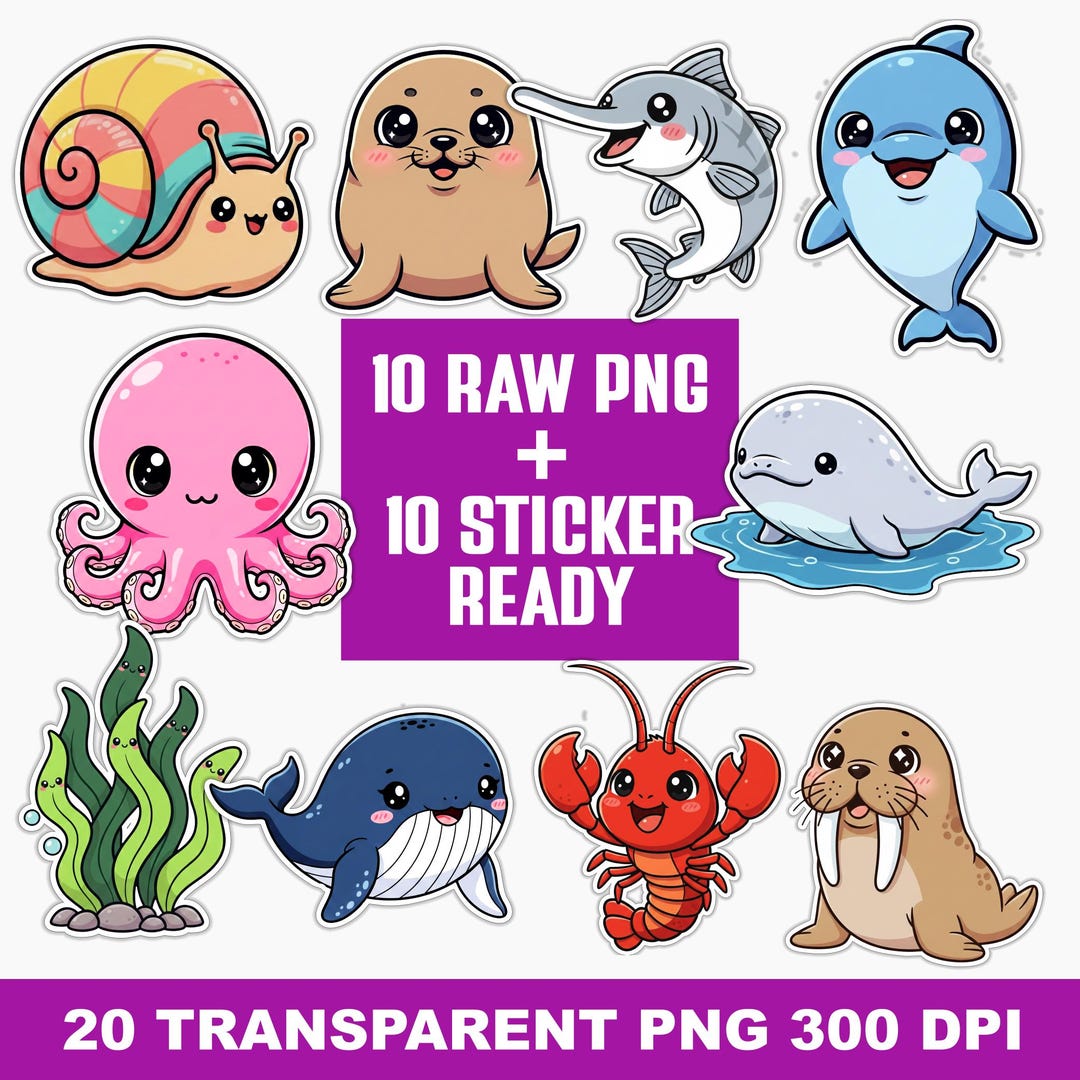 Cute Sea Life Animals Kawaii PNG Bundle | Ocean Creatures Clipart ...