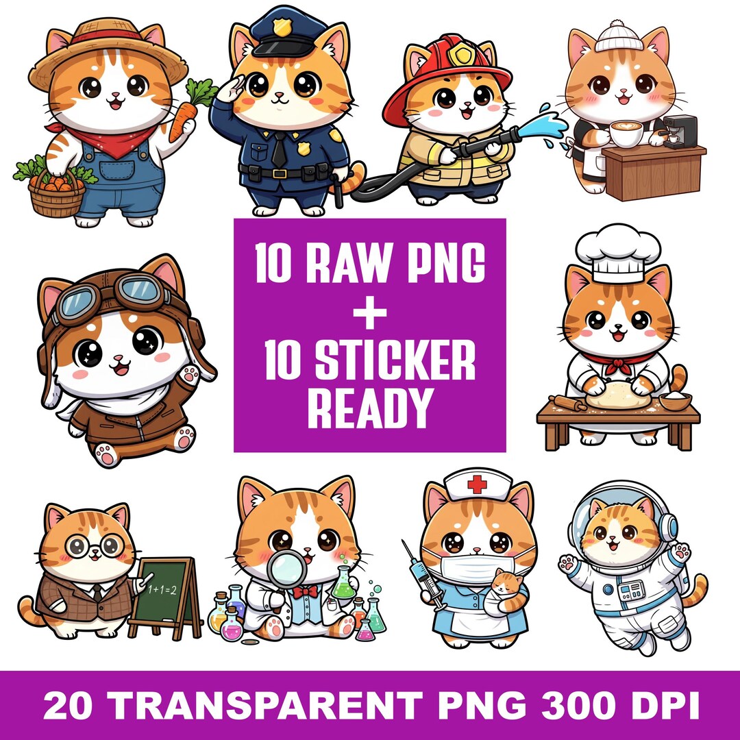Kawaii Cat Professions PNG Bundle | Cute Career Cat Clipart | Teacher ...