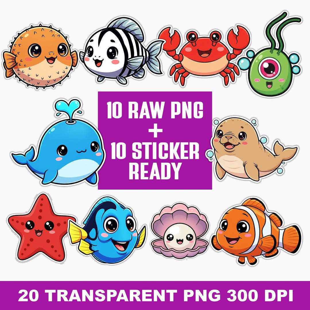 Sea Life Animals Kawaii PNG Bundle | Ocean Creatures Clipart | PNG - Etsy