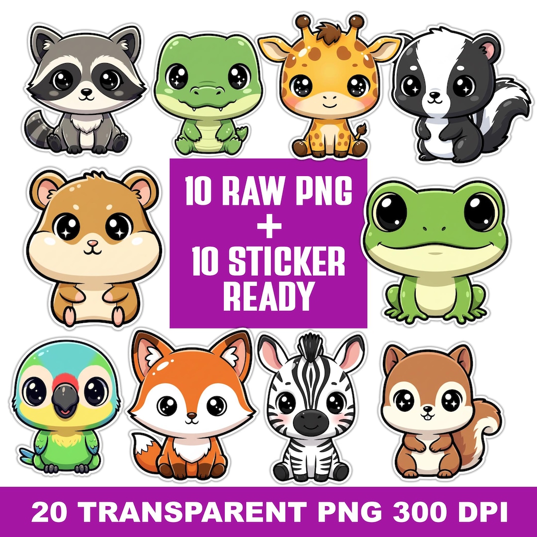 Kawaii Animal Clipart Bundle | Chibi PNG Set, Nursery Decor (digital ...