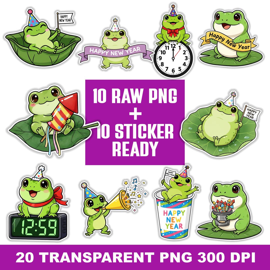 Kawaii Frog New Year Bundle | New Year Party Clipart | Gifts Balloons ...