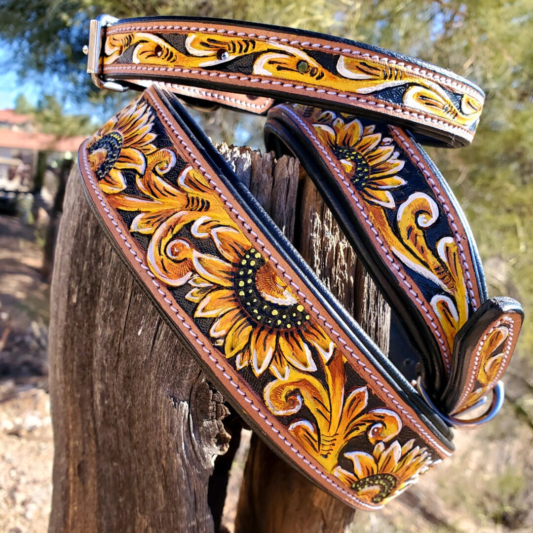 Leather Dog Collar, Sunflower Collar, Yellow Painted Flower, Floral ...