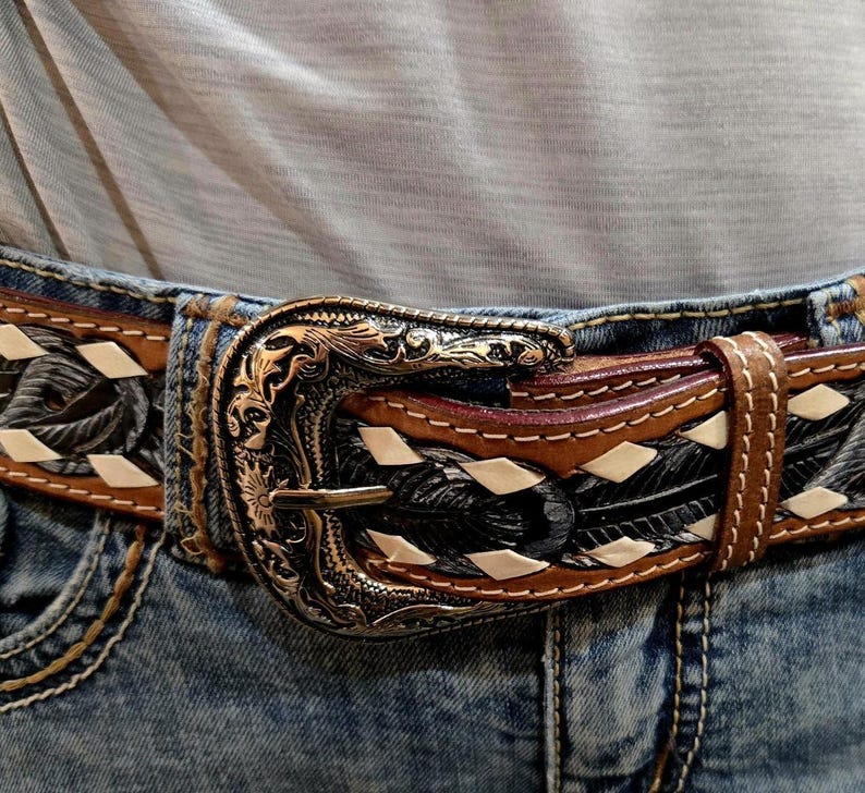 Leather Belt - Silver Feather Western Belt With Intricate Buckstitch ...