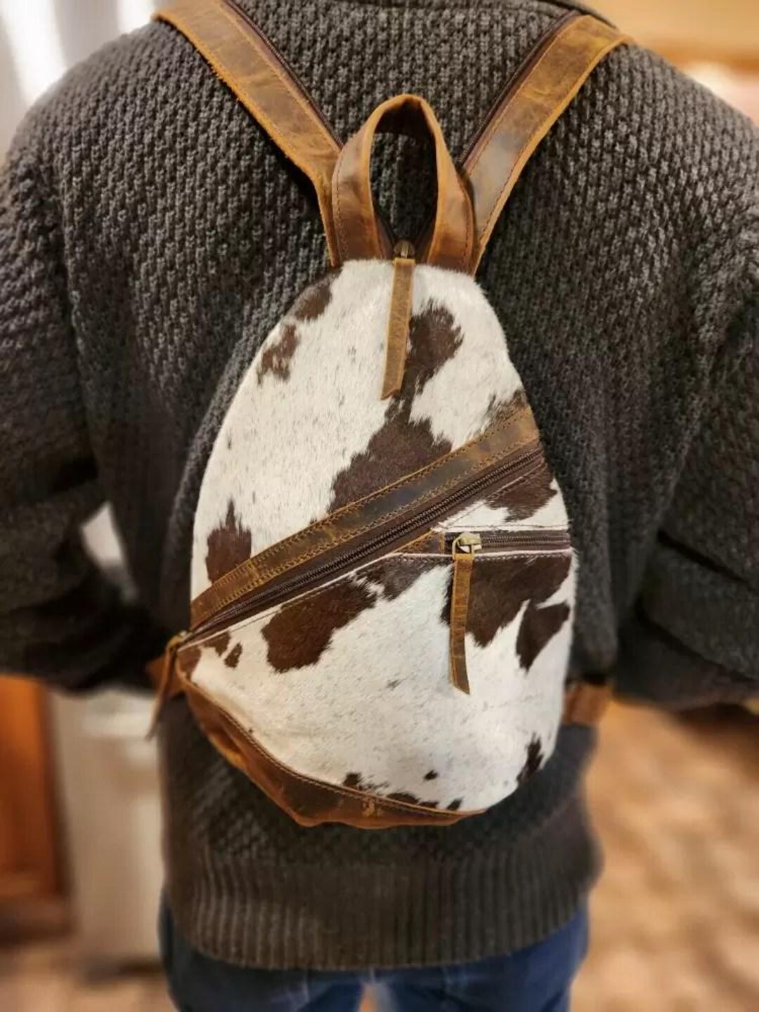 Cowhide Sling Bag / Backpack - Rustic Western Leather Backpack ...