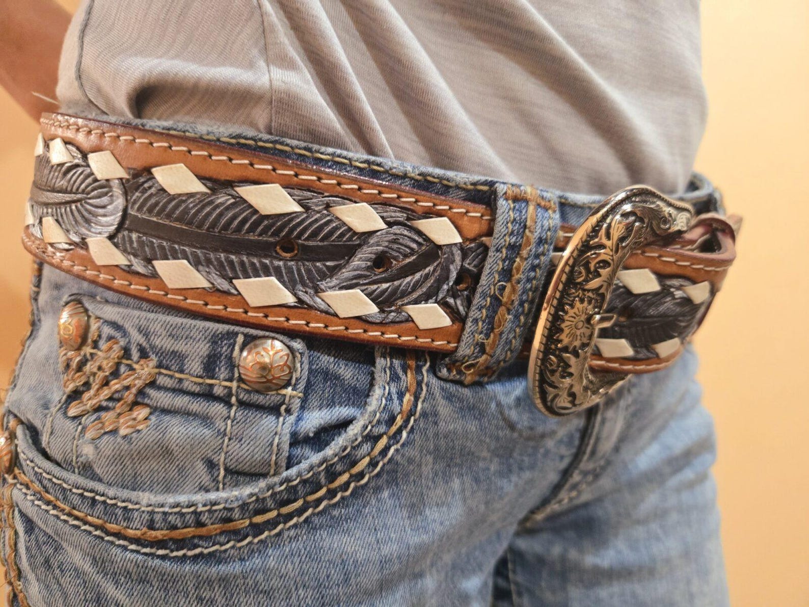 Leather Belt - Silver Feather Western Belt With Intricate Buckstitch ...