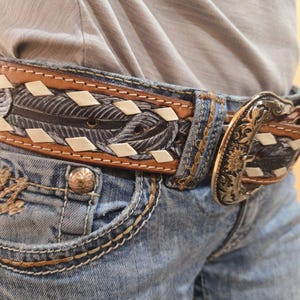 Leather Belt - Silver Feather Western Belt With Intricate Buckstitch ...
