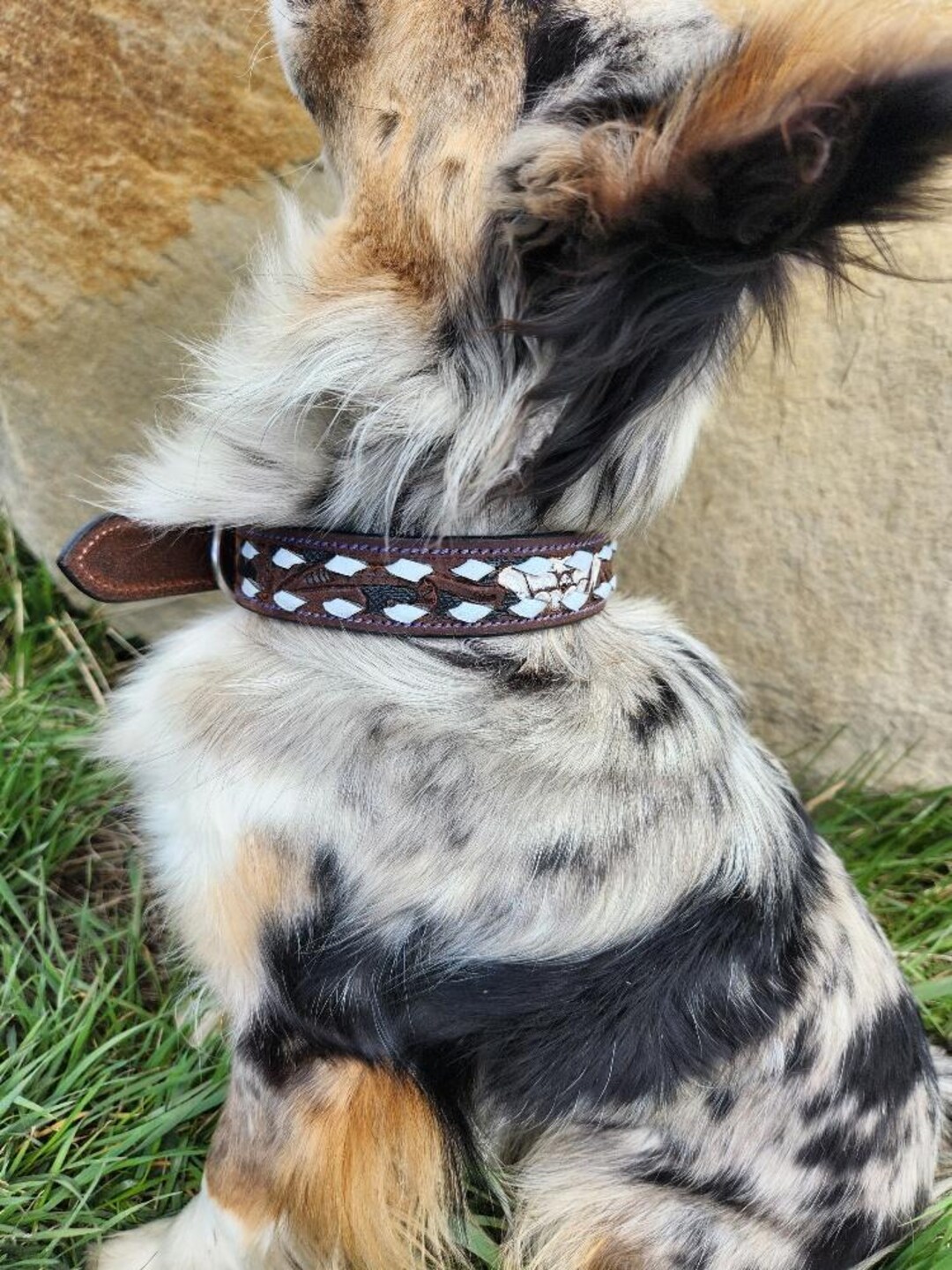 Leather Dog Collar- White Buckstitch - Tooled - Handmade Western ...