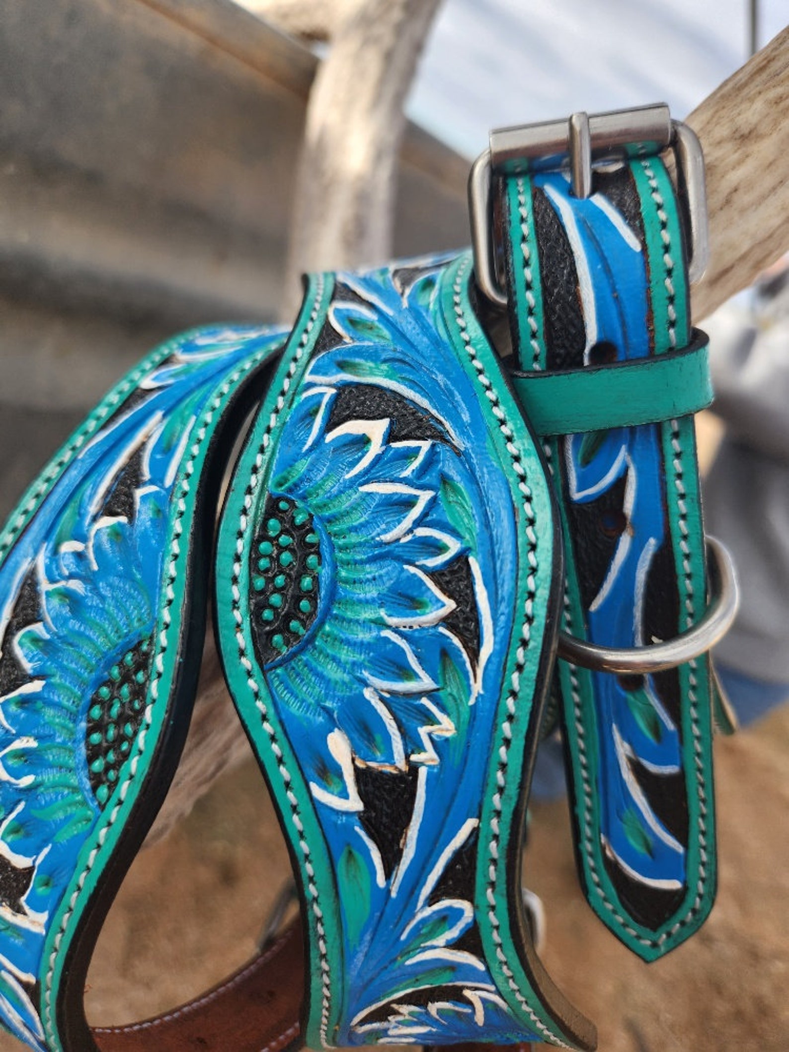 Blue Sunflower Dog Collar, Leather Sunflower Collar, Adjustable Dog ...