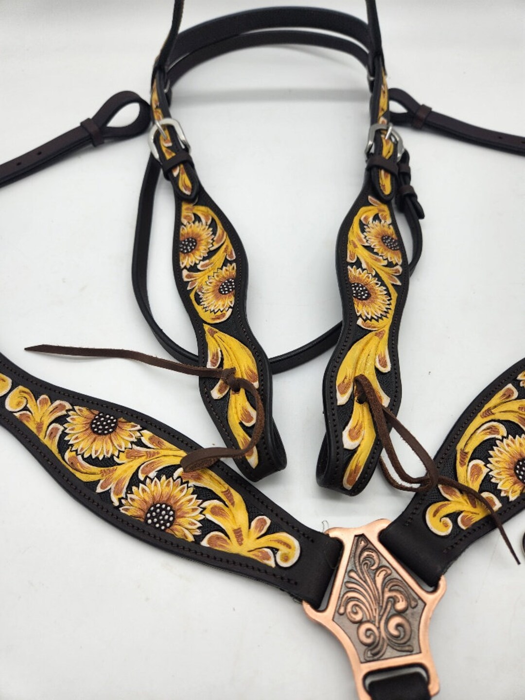 Sunflower Browband Headstall- Yellow Sunflowers- Hand Carved, Hand ...