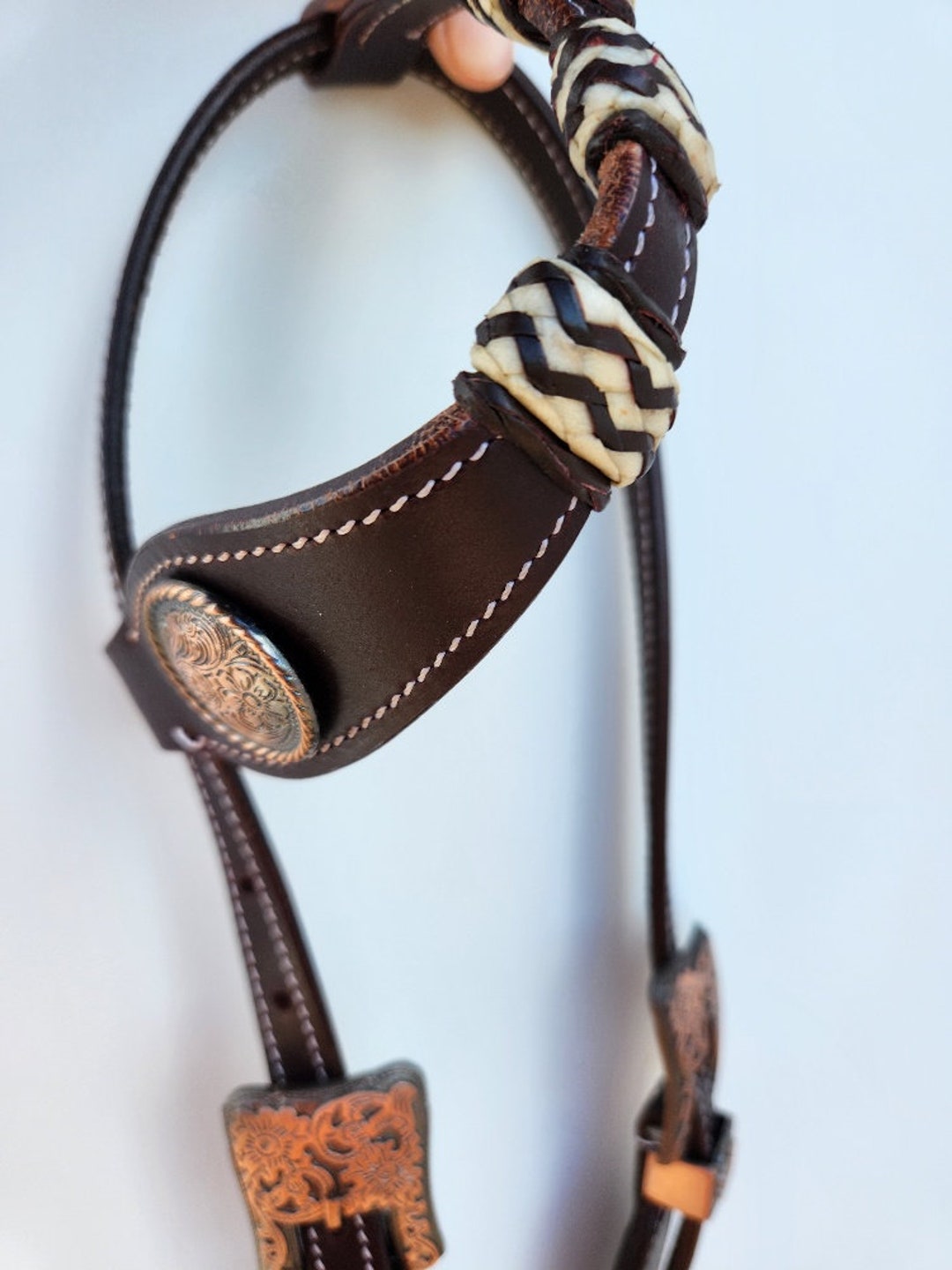 Rancher Rawhide- One Ear Leather Headstall. Rose Gold Buckles and ...