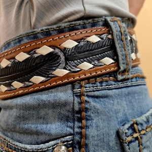 Leather Belt - Silver Feather Western Belt With Intricate Buckstitch ...
