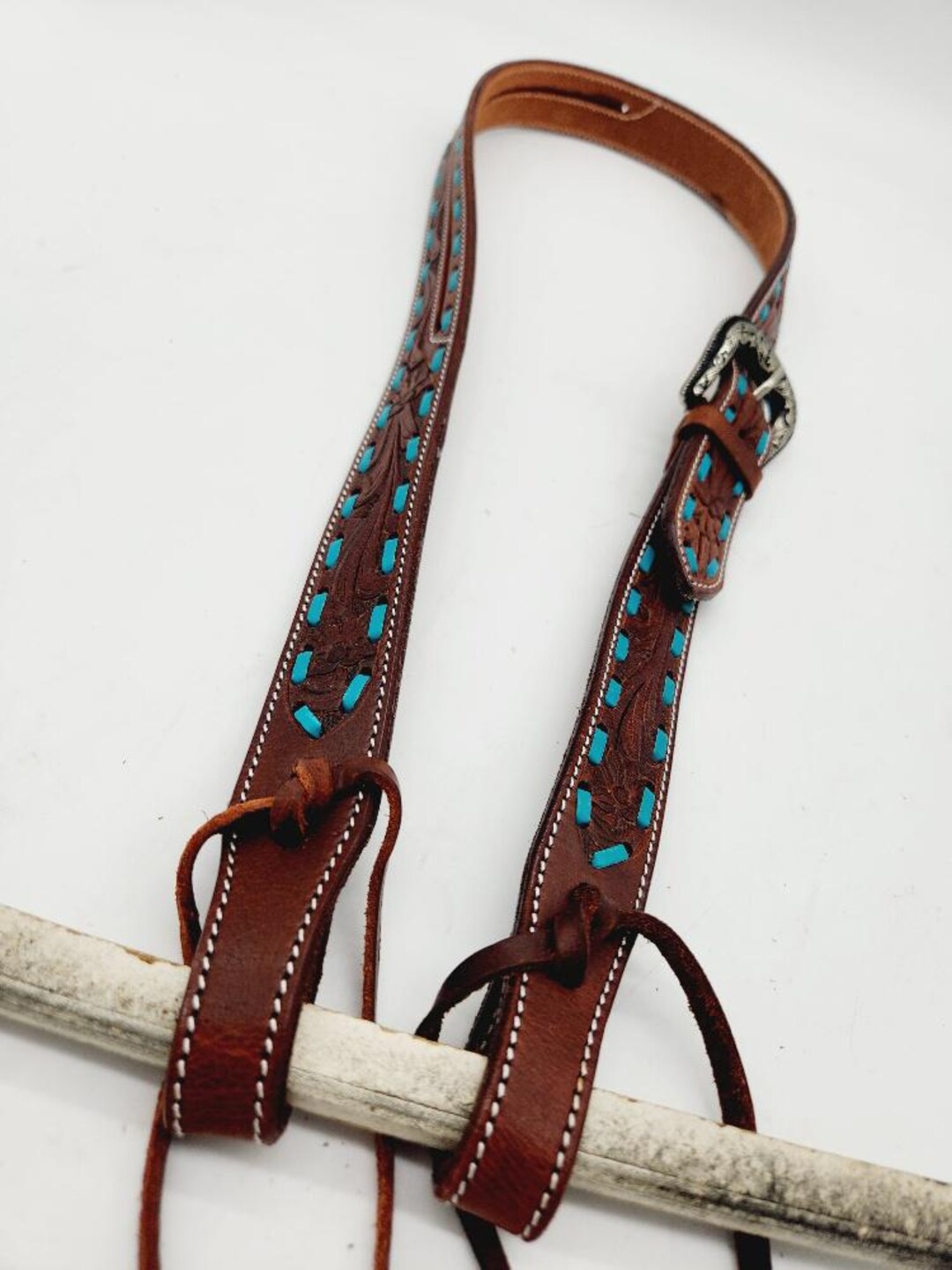 Belt Style Turquoise Buckstitch Split Ear Headstall - Leather Bridle ...