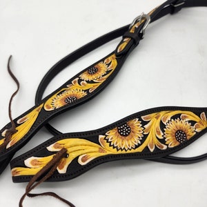 Sunflower Browband Headstall- Yellow Sunflowers- Hand Carved, Hand ...